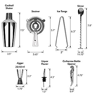 Arora 8Pcs Bartender Kit Bar Set, 20OZ Silver Cocktail Shaker Set with Stainless Steel Bartending Accessories for Home & Bamboo Stand, Ideal Drinking Mixers Gift Set for Martini Margarita