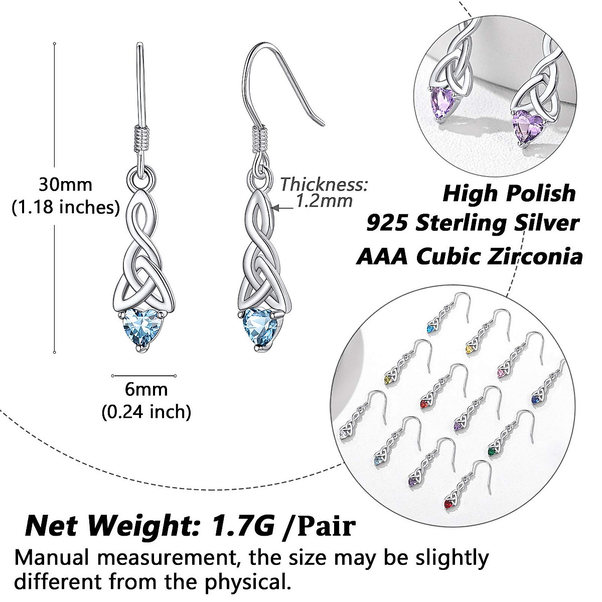 Silvora Celtic Knot Drop Earrings Heart Birthstone Dangle Earrings for Women Sterling Silver Jewelry March Birthstones
