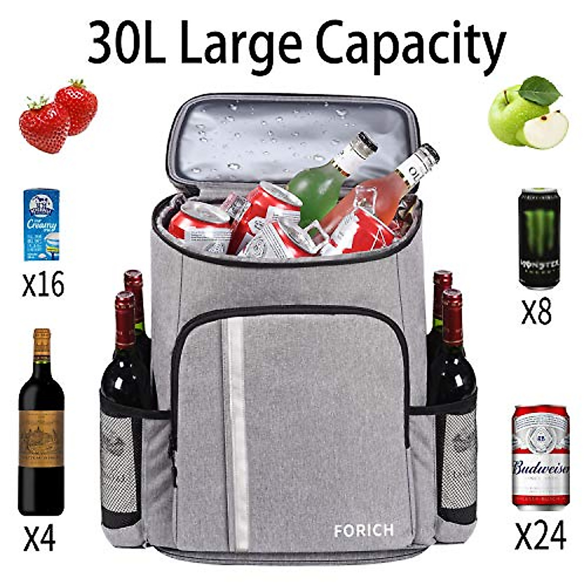 FORICH Backpack Cooler Leakproof Insulated Waterproof Backpack Cooler Bag, Lightweight Soft Beach Cooler Backpack for Men Women to Work Lunch Picnics Camping Hiking, 30 Cans(Grey)