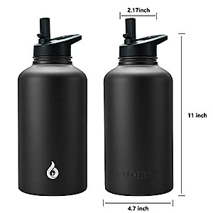 BJPKPK Half Gallon Insulated Water Bottles with Straw Lid,64oz Large Water Bottle,Stainless Steel Water Bottles with 3 Lids and Paracord Handle, Water Bottle for Hot & Cold Liquid, Black