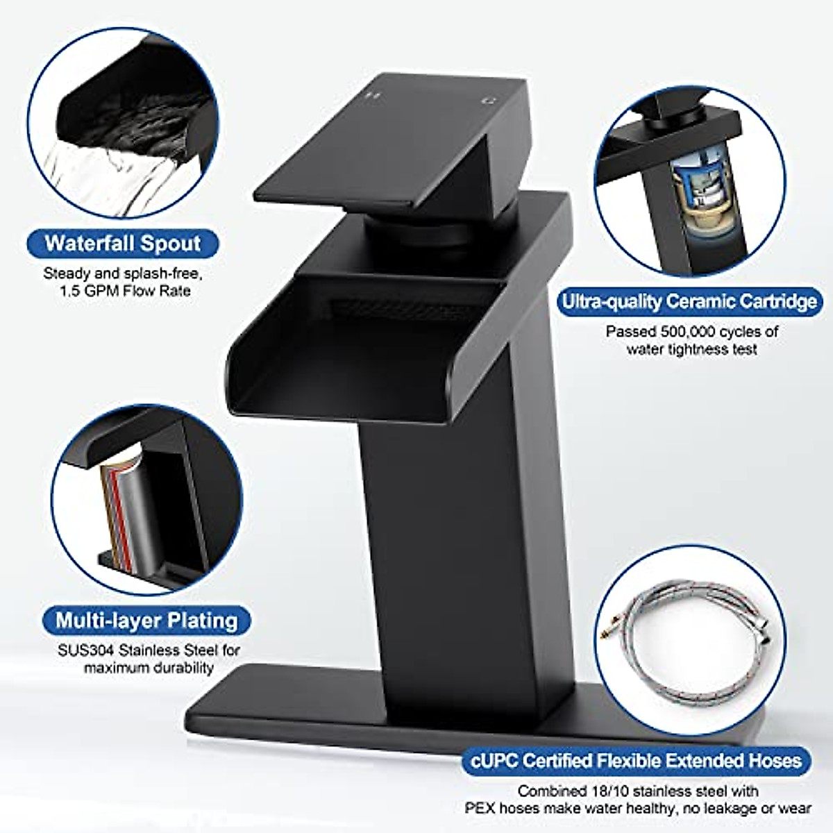 Matte Black Bathroom Faucet, Homikit Waterfall Bathroom Faucets for Sink 1 or 3 Holes, Modern Vanity Faucet with Single Handle Single Hole, Pop Up Drain, Deck Plate, 2 Water Supply Hoses