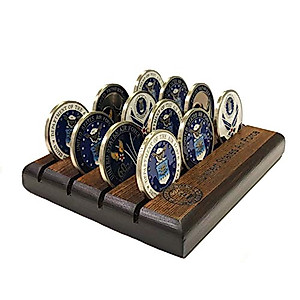 DECOMIL 4 Rows Coin Holder, US Army-Navy-Air Force-Marine Military Collectible Challenge Coin Display Case Wood Stand, Holds 12-16 Coins (Air Force)
