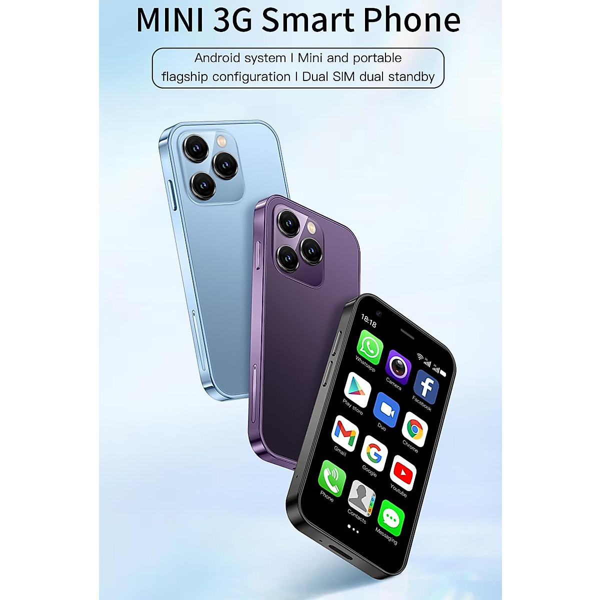 roiesvry Mini Smartphone, XS15 3.0 Inch Small Phone Quad Core 2GB+16GB 5.0MP Dual SIM 1000mAh Android Mini Phones Unlocked 3G Mobile Phone (Blue)