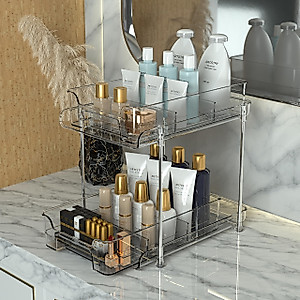 petisal 2 Tier Clear Organizer with Dividers, sliding out storage container, Bathroom Cabinet Storage, Under Sink Organizers, Kitchen, Medicine Storage Organizer, 2 Pack