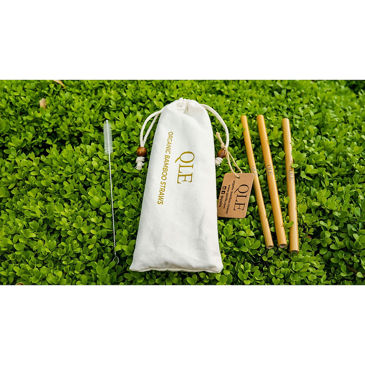 QLE Reusable Bamboo Drinking Straws, Eco Friendly Alternative to Plastic Straws – Organic BPA-Free Biodegradable Zero Waste Straws – Cleaning Brush and Natural Cotton Carrying Bag Included – 12 Pack