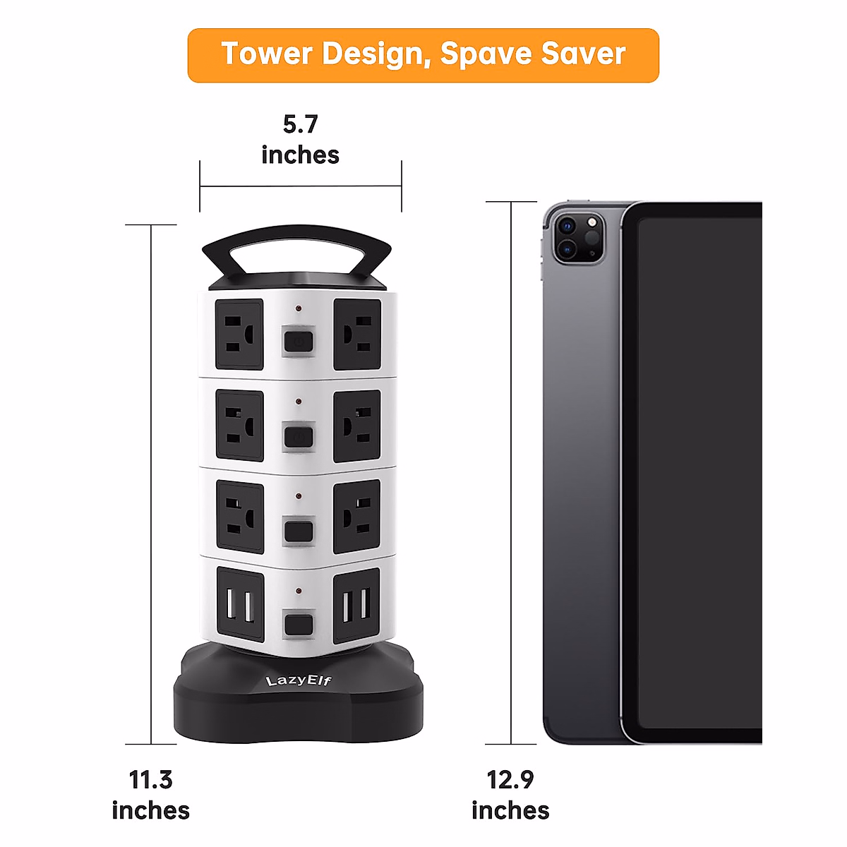 Surge Protector Power Strip Tower with Night Light, Lazy Elf Extension Cord 8 AC Multi Smart Plug Outlets with 4 USB Ports, Flat Plug Outlet (White)