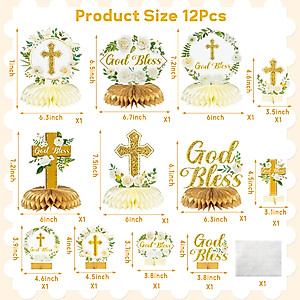 ANGOLIO White Gold Floral Honeycomb Centerpieces - 12Pcs Rose Greenery God Baptism Honeycomb Centerpieces Baby Shower Decor for Boy Girl Party Decor 3D Table Toppers God Bless First Communion Birthday