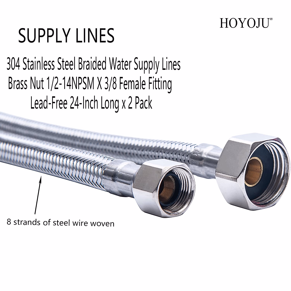 Braided Faucet Connector Supply Hose 1/2"-14NPSM Brass Nut X 3/8 Female Fitting Stainless Steel Lead-Free 24-Inch Long x 2 Pack