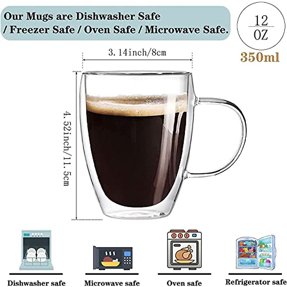 Glass Coffee Mugs 4 packs Large Clear Coffee Mug 350Ml Double Wall Tea Cup with Handle Glass Mugs Double Wall Insulated Glass Coffee Mugs Latte Cappuccino Heat Resistant Dishwasher