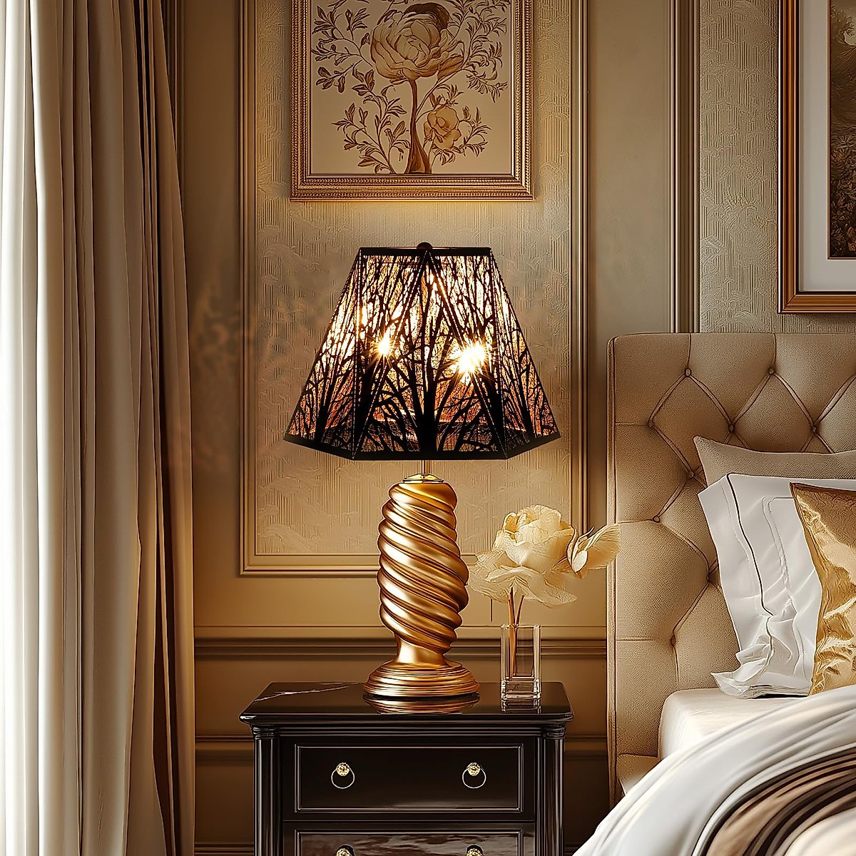 Medium Modern Style Lamp Shades with Multiple Sides, ALUCSET Metal Lampshade with Pattern of Trees for Table Lamp and Floor Light, 7 x 13.8 x 9.5 Inch, Spider (Black/Gold)