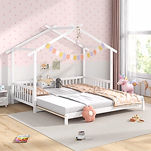 Giantex Wood House Bed for Kids, Twin to King Extendable Daybed with Roof & Fence Rails, Kids Bed for Teens, Boys & Girls, Twin Floor Day Bed, No Box Spring Needed, White