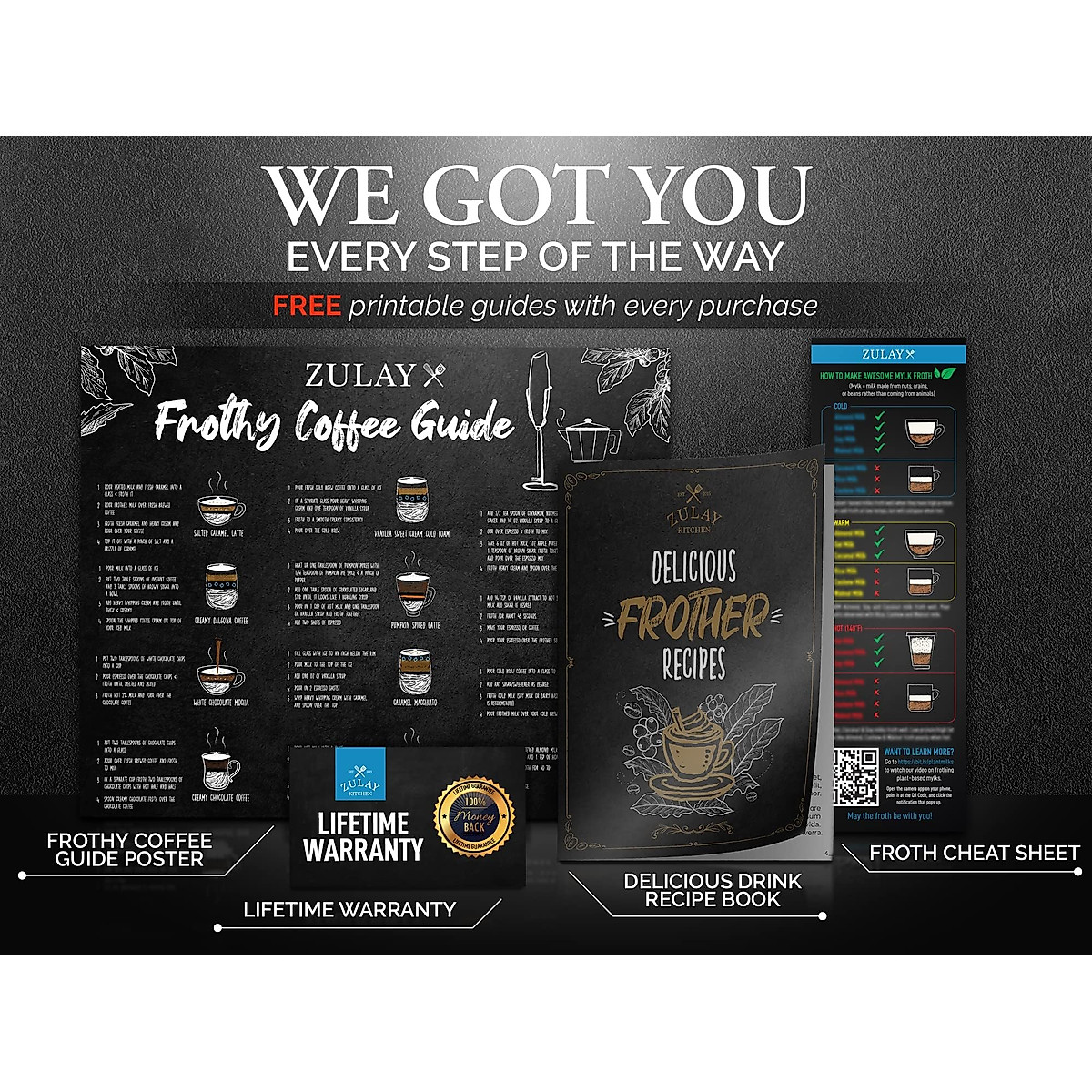 Zulay Kitchen Powerful Milk Frother Wand - Ultra Fast Handheld Drink Mixer - Electric Whisk Foam Maker for Coffee, Lattes, Cappuccino, Frappe, Matcha, Hot Chocolate & Coffee Creamer - Milk Boss Black