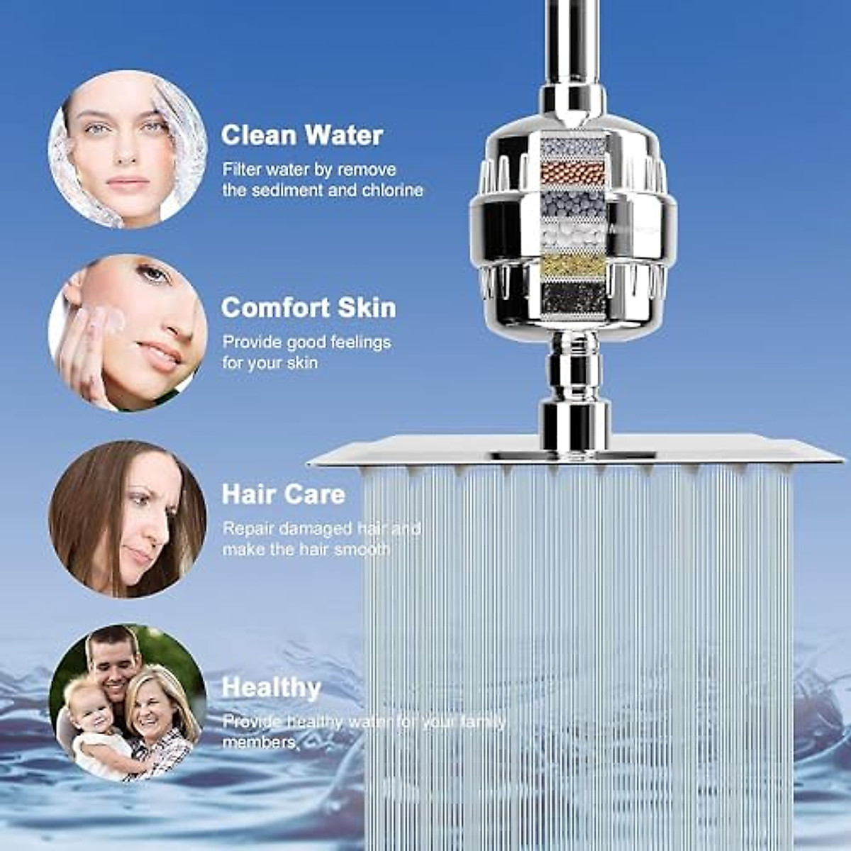 NearMoon Filtered Shower Head, High Pressure 8″Square, 5 settings Handheld Rain Shower Filter Combo with Self-adhesive Holder/1.5M Hose -1 Replaceable Filter Cartridge (Chrome Finish)