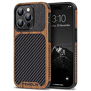 TENDLIN Compatible with iPhone 14 Pro Case Wood Grain with Carbon Fiber Texture Design Leather Hybrid Slim Case Black