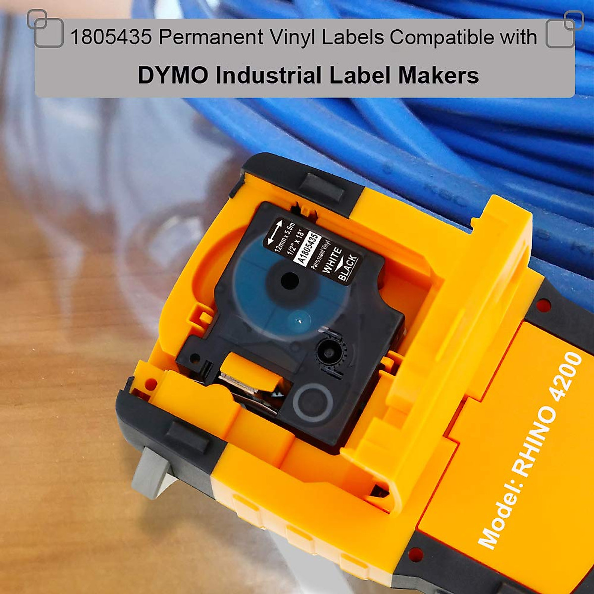 Aonomi Compatible Industrial Label Tapes Replacement for DYMO 1805435 Permanent Vinyl Label Tape for DYMO Rhino 4200, 5200, 5000, 6000 Industrial Label Maker, (White on Black, 1/2" x 18'),2-Pack