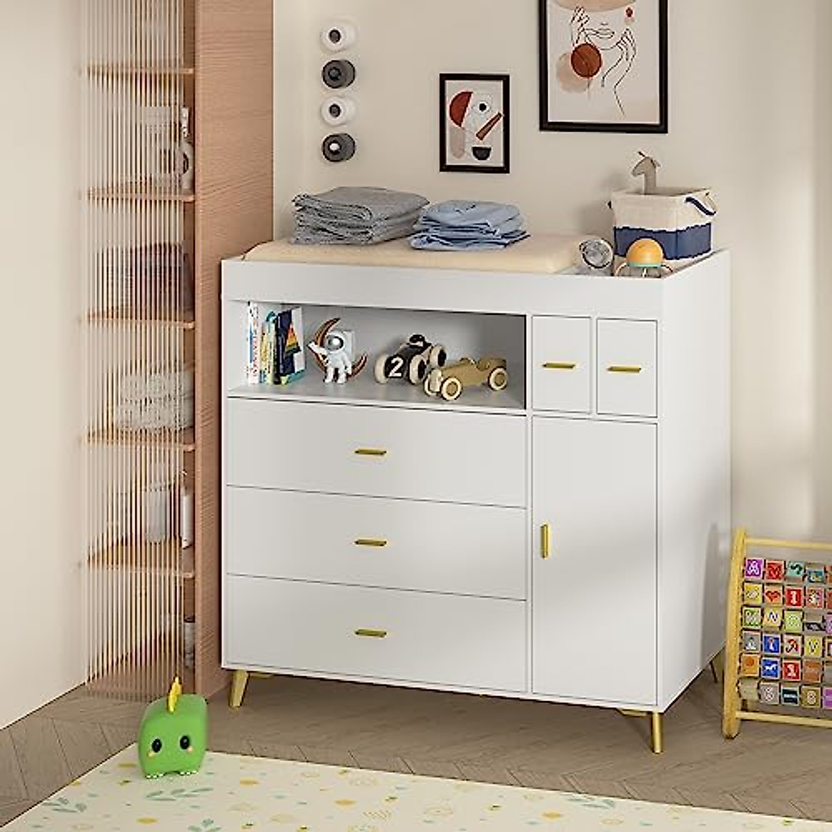 PakaLife Changing Table with Drawers, White Drawer Dresser,Changing Table Dresser with 5 Drawer & Cabinet