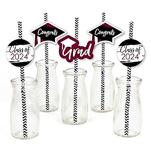 Big Dot of Happiness Maroon 2024 Graduation Paper Straw Decor - Party Striped Decorative Straws - Set of 24