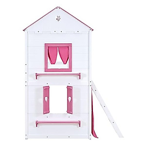 BOVZA Twin Over Twin House Bunk Bed with Tent, Kids Bunk Bed with Roof Elegant Windows and Sills, Wood Playhouse Tent Loft Bed Frame for Teens Boys Girls, Pink+White