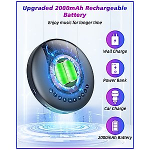 CD Player Portable ARAFUNA, Portable CD Player Bluetooth with FM Radio, 2000mAh Rechargeable CD Player for Car with LCD Screen, Anti Shock Protection Walkman CD Player with Headphone, AUX Cable