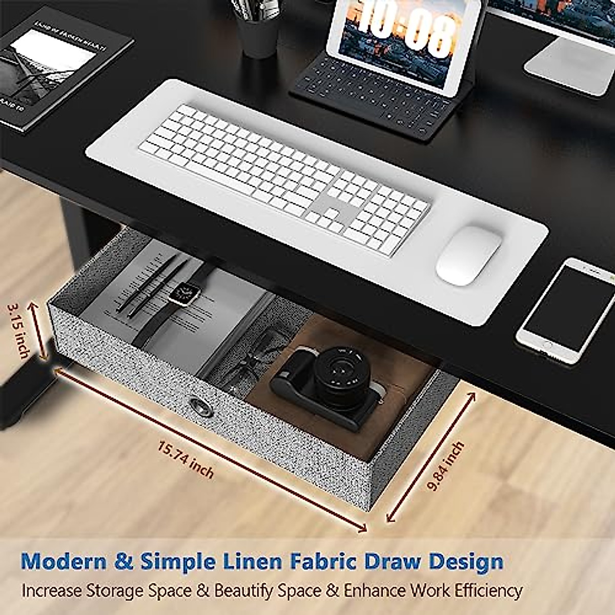 DUMOS Adjustable Height Electric Standing Desk with Drawer,48 x 24 in Ergonomic Computer Table with Splicing Board, Wire Hole and Hook for Workstation for Home, Office, Black