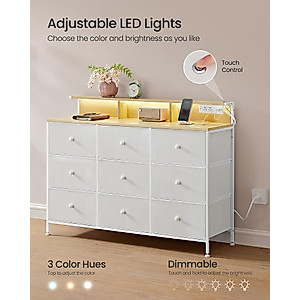 SONGMICS Dresser for Bedroom, Storage Organizer with 9 Fabric Drawers and LED Lights, Charging Station, Steel Frame, 13.2 x 44.9 x 33 Inches, Entryway, Cloud White ULTS519W01
