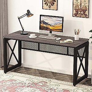 BON AUGURE Industrial Computer Desk, Rustic Wood Desk for Home Office, Sturdy Metal Writing Work Desk (60 Inch, Dark Grey Oak)