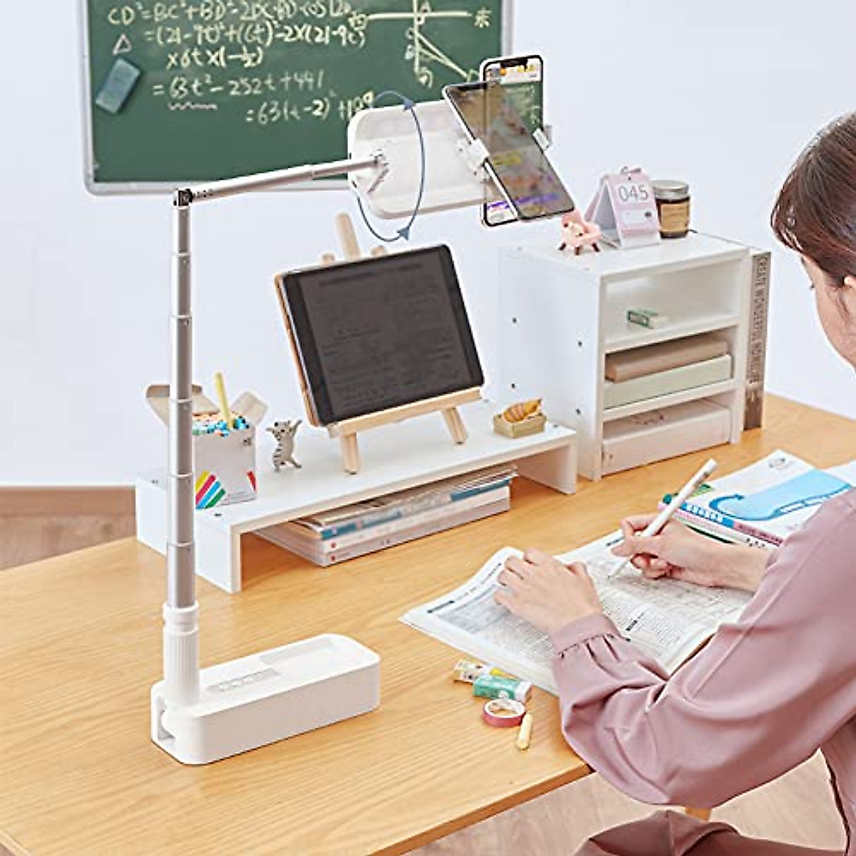 Bibabala Phone Stand for Video Recording Extendable Selfie Stand 360° Rotation with Phone Holder Foldable 7 Brightness LED Light for Live Streaming Photography Reading(White)