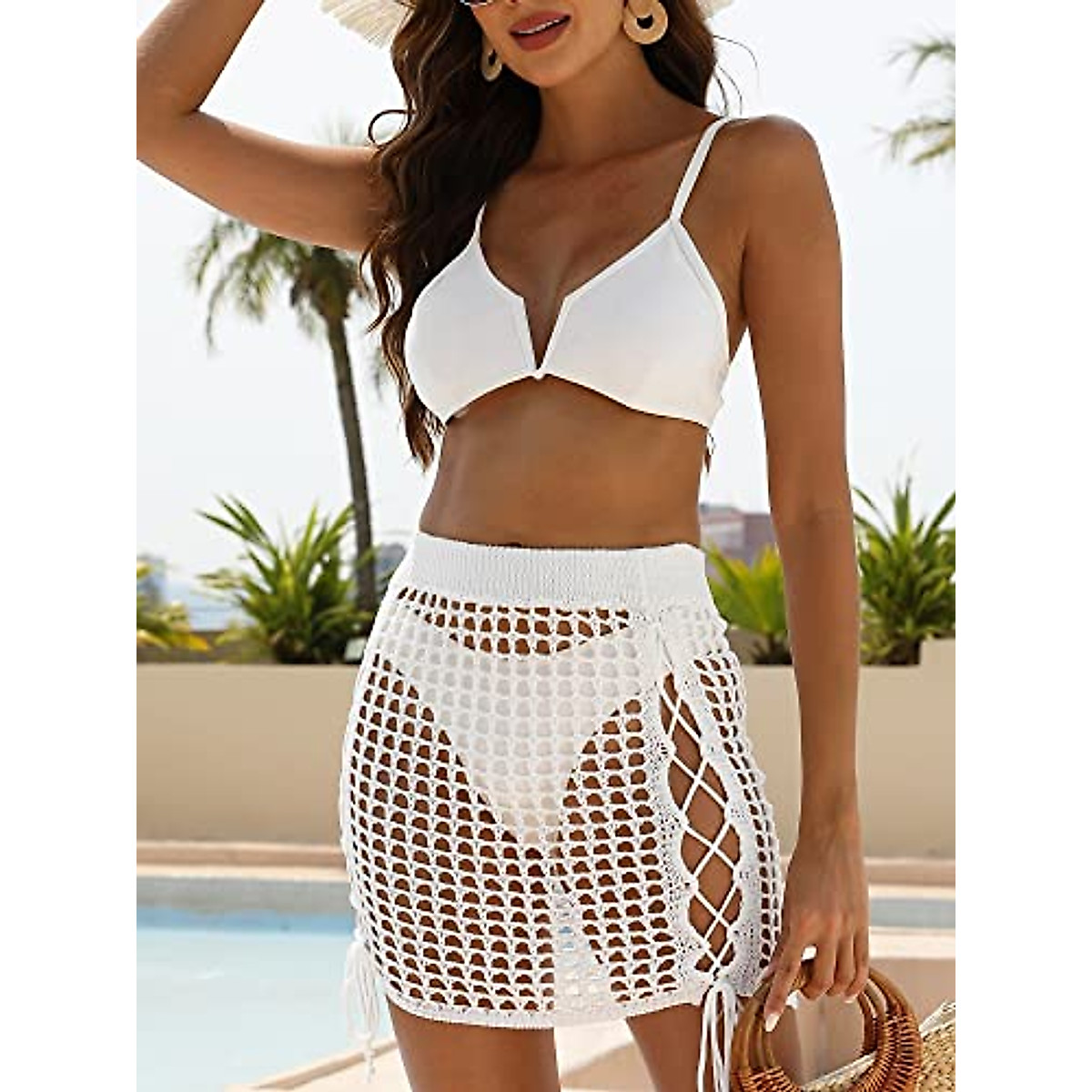 ZAFUL Women's Elastic Waist Tassel Sheer Beach Swimwear Bikini Sets Cover Ups Mini Skirt White S
