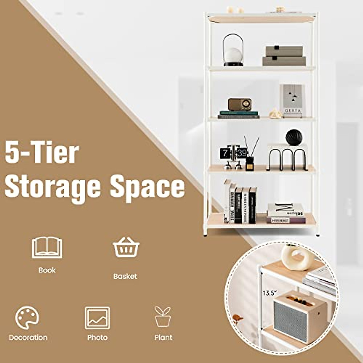 Giantex 5-Tier Industrial Bookshelf White - 61" Tall Open Display Shelving Rack with Anti-toppling Device, Adjustable Feet, Freestanding Storage Shelf for Living Room, Kitchen, Office, Bedroom