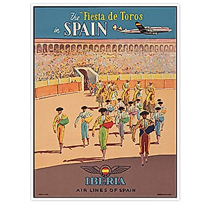 Set of two (2) Spanish Air Lines Travel Poster Prints - Fiesta de Toros Bullfighting Festival in Spain circa 1950 - each measures 12 x 16 inches