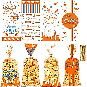 100Pcs Graduation Party Decorations Cellophane Bags - Graduation Gifts Cellophane Treat Bags with Ties, 11"x5" Graduation Decor Clear Cellophane Bags for Graduation Party Decorations Supplies (Orange)