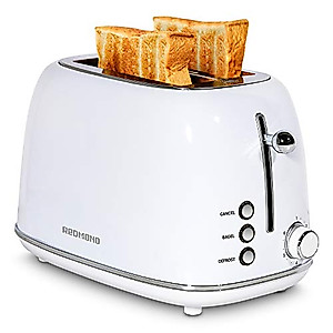REDMOND 2 Slice Toaster Retro Stainless Steel Toaster with Bagel, Cancel, Defrost Function and 6 Bread Shade Settings Bread Toaster, Extra Wide Slot and Removable Crumb Tray, White, ST028