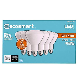 EcoSmart 65W / 65 Watt Replacement (10.5W) LED BR30 Dimmable Soft White (2700K) Medium Base (E26) Energy Star Rated Reflector Lamp for Recessed Can Lights, 6 Pack