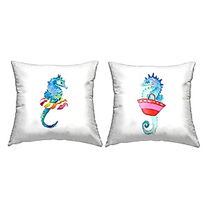 Stupell Industries Blue Seahorses Beach Red Attire Float Design by Lanie Loreth Throw (Set of 2) Pillow, 18 x 18