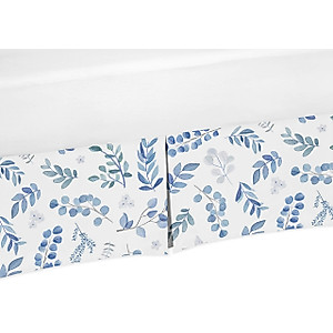 Sweet Jojo Designs Floral Leaf Boy or Girl Baby Nursery Crib Bed Skirt Dust Ruffle - Blue Grey and White Boho Watercolor Botanical Flower Woodland Tropical Garden