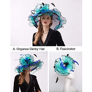 TLMNU Women Derby Church Hat Organza Flower Wedding Tea Party Fascinator Hat Wide Brim Sun Hat 01Green,Blue
