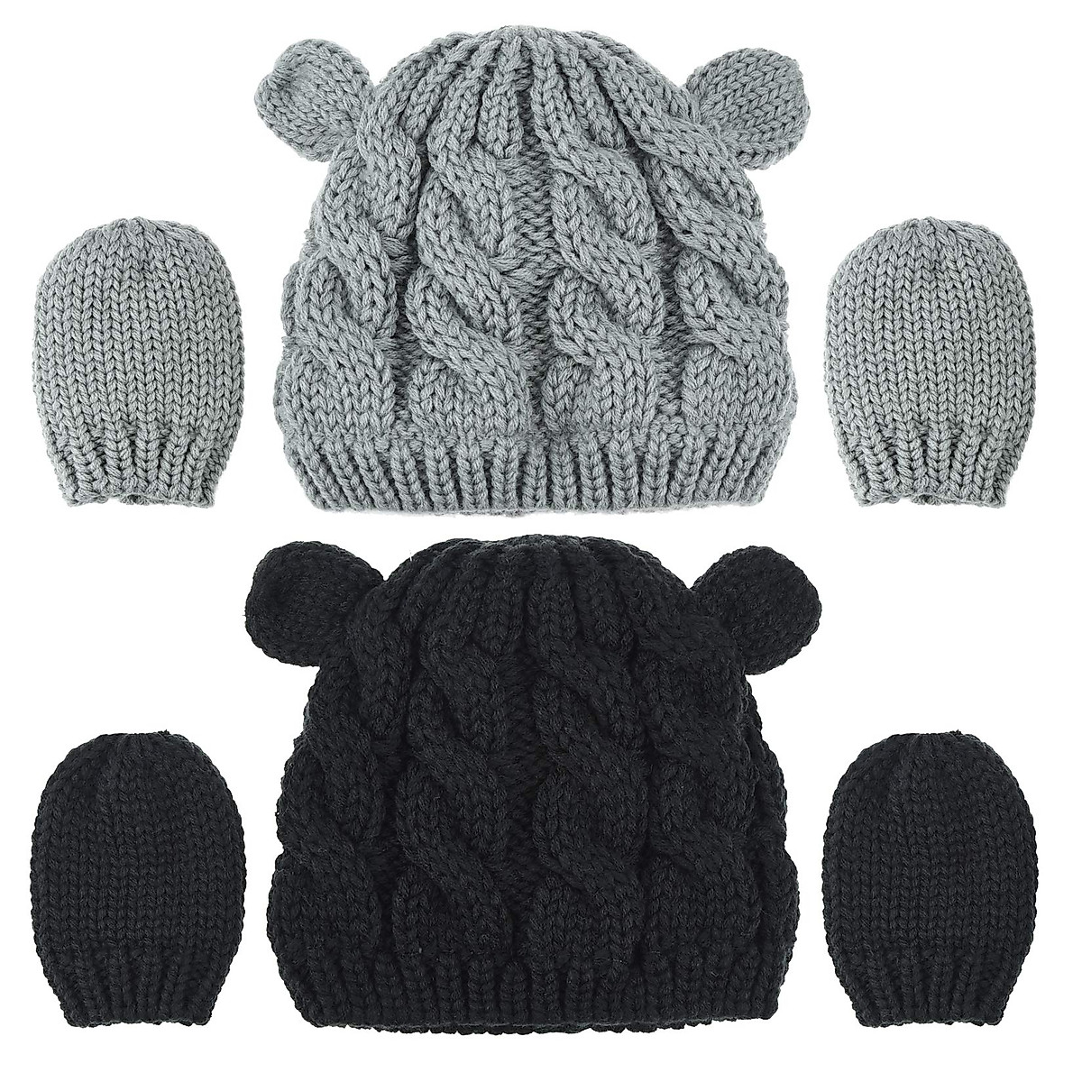 2 Set Newborn Winter Beanie Hats Gloves Kit for Baby Girls Boys Infant Toddler Warm Knitted Hats Glove Autumn Spring 3-6 Months (Black & Gray)