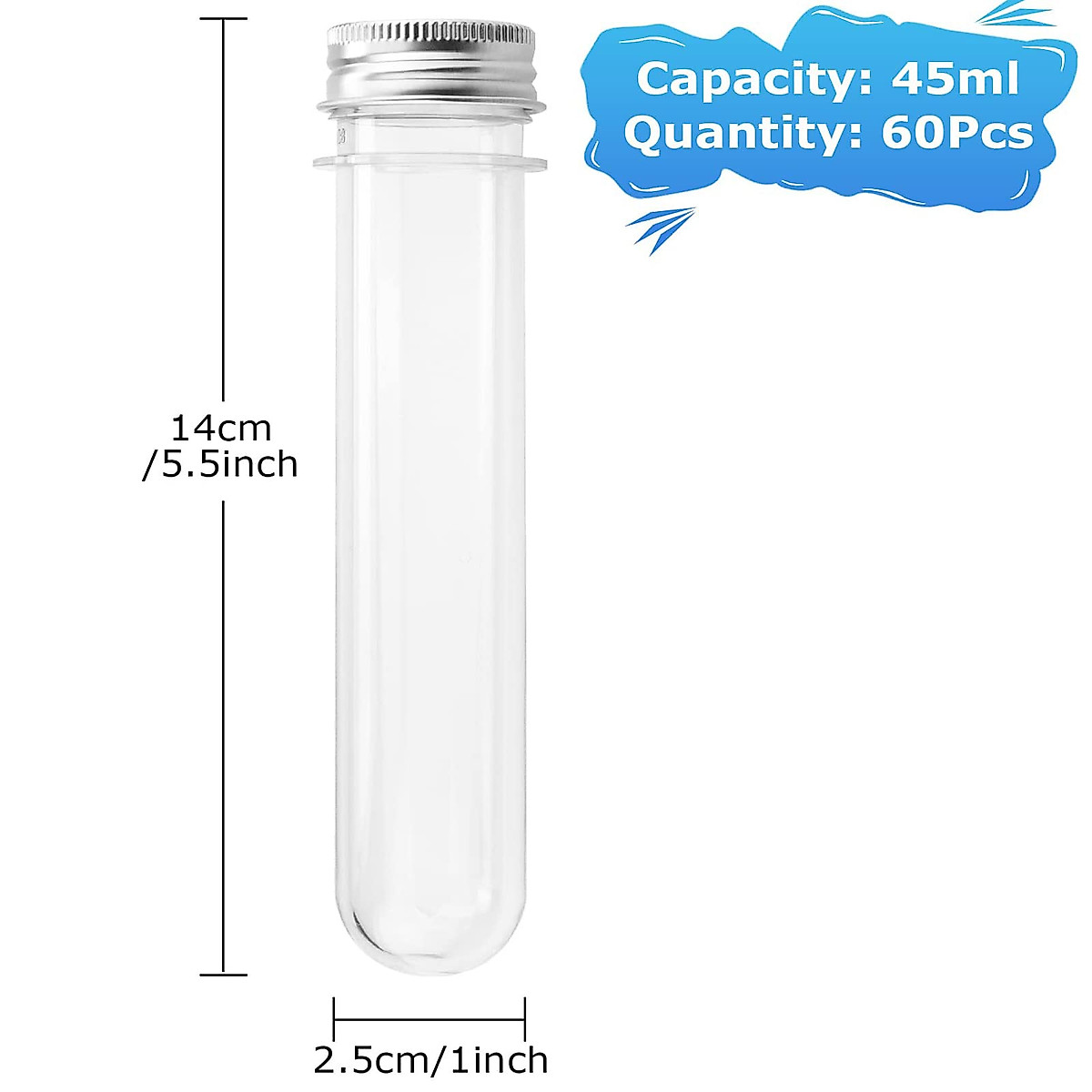 ACXFOND 60Pcs Clear Plastic Test Tubes with Caps 45ml Clear Candy Tubes Plastic Tubes for Bath Salts, Candy, Beads Storage, Science Lab, Party