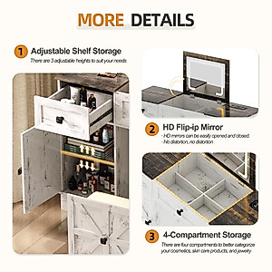 Gurexl 3-in-1 Vanity Desk with 3-Color Lights and Mirror,47.2" W Makeup Vanity Set with Charging Station,LED Compact Dresser-Vanity with 3 Drawers,2 Cabinets,Chair,Dressing Table for Bedroom