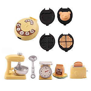 Miniature Dollhouse Kitchen Set 1:12 Decoration Waffle Maker Toaster Scale Stand Mixer Flour 10PCS Modern Mini House Furniture Accessories Kit Pretend Play (Yellow)
