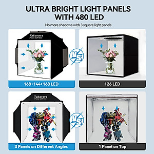 Takerers 16"x16" Photo Studio Light Box Photography, 480 LED Product Lightbox with 3 5500K Stepless Dimming Light Panels, Professional Photo Background Shooting Tent with 4 Color Backdrops