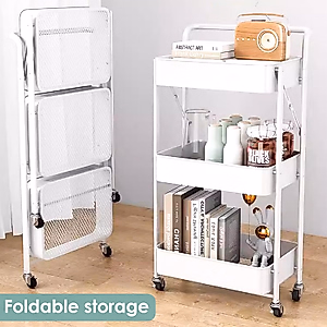 JforSJizT 3-Tier Collapsible Rolling Utility Cart with Lockable Wheels,Metal Storage Folding Rolling Cart with Storage Compartments,Tool Organizer Cart for Classroom, Office, Bathroom, Garage, Kitchen