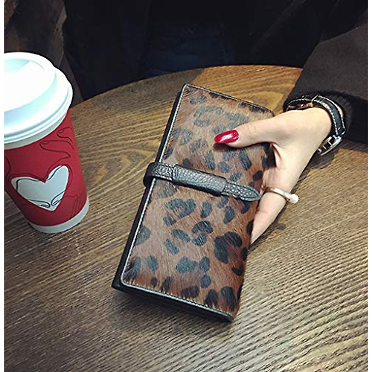 HANSOMFY 2021 New Horsehair Leather Wallet Women Long Leopard Print Coin Purse Drawstring Card Slot Large Capacity Wallets (Leopard)