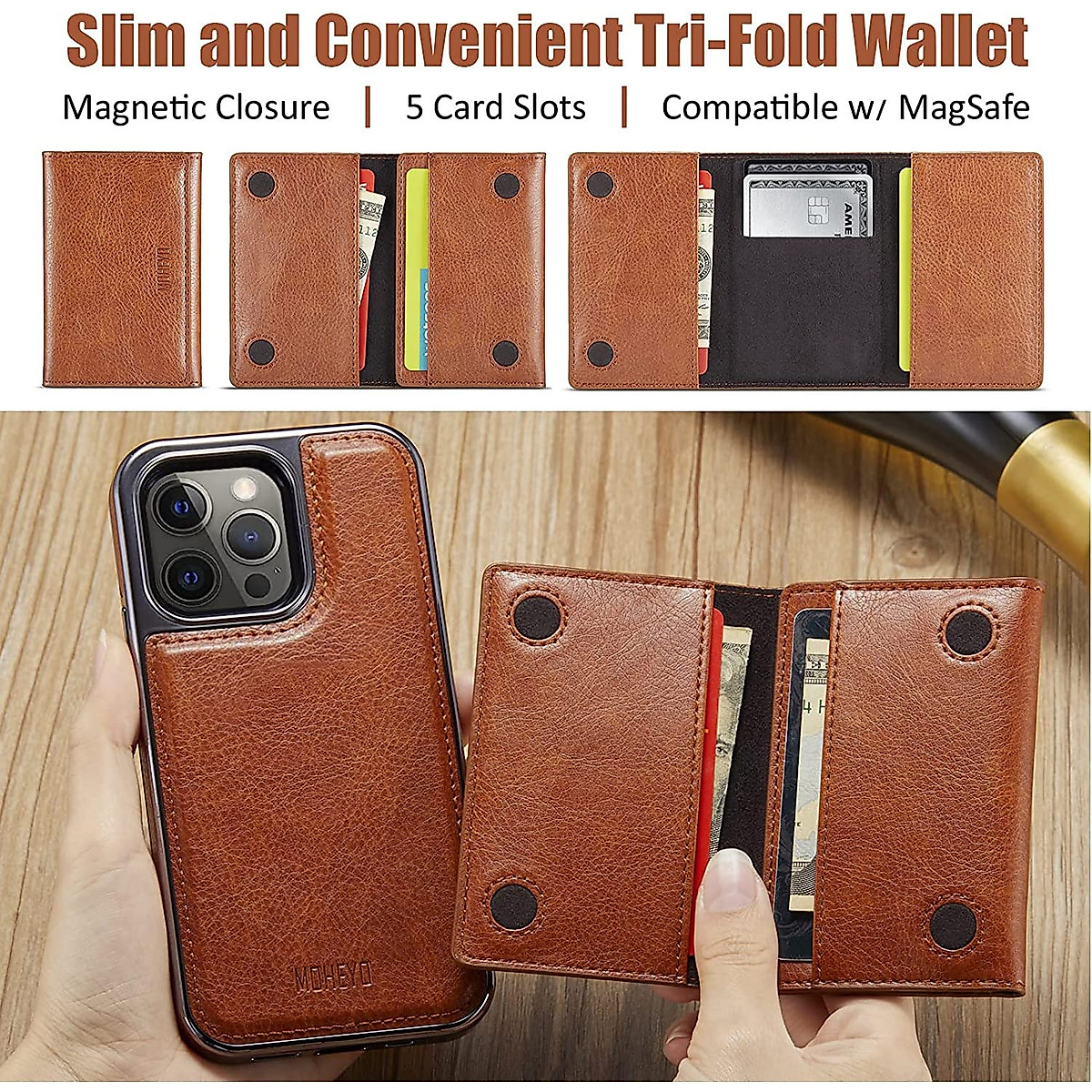 MOHEYO Designed for iPhone 14 Pro Max Case Compatible with MagSafe Removable Wallet Card Holder Magnetic Slim Thin Vegan Leather Cover (Brown)