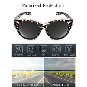 Leoidou Polarized Sunglasses Fit Over Glasses Over Glasses Trendy Round Cat Eye Wrap-around Sunglasses (Grey leopard, Black)