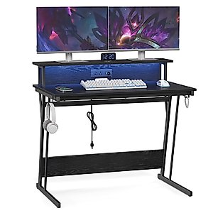 VASAGLE LED Gaming Desk with Power Outlets, Computer Desk with USB Ports, Office Desk with Monitor Stand for 2 Monitors, with Hooks, for Bedroom, 23.6 x 39.4 x 29.5 Inches Ebony Black ULWD091B56