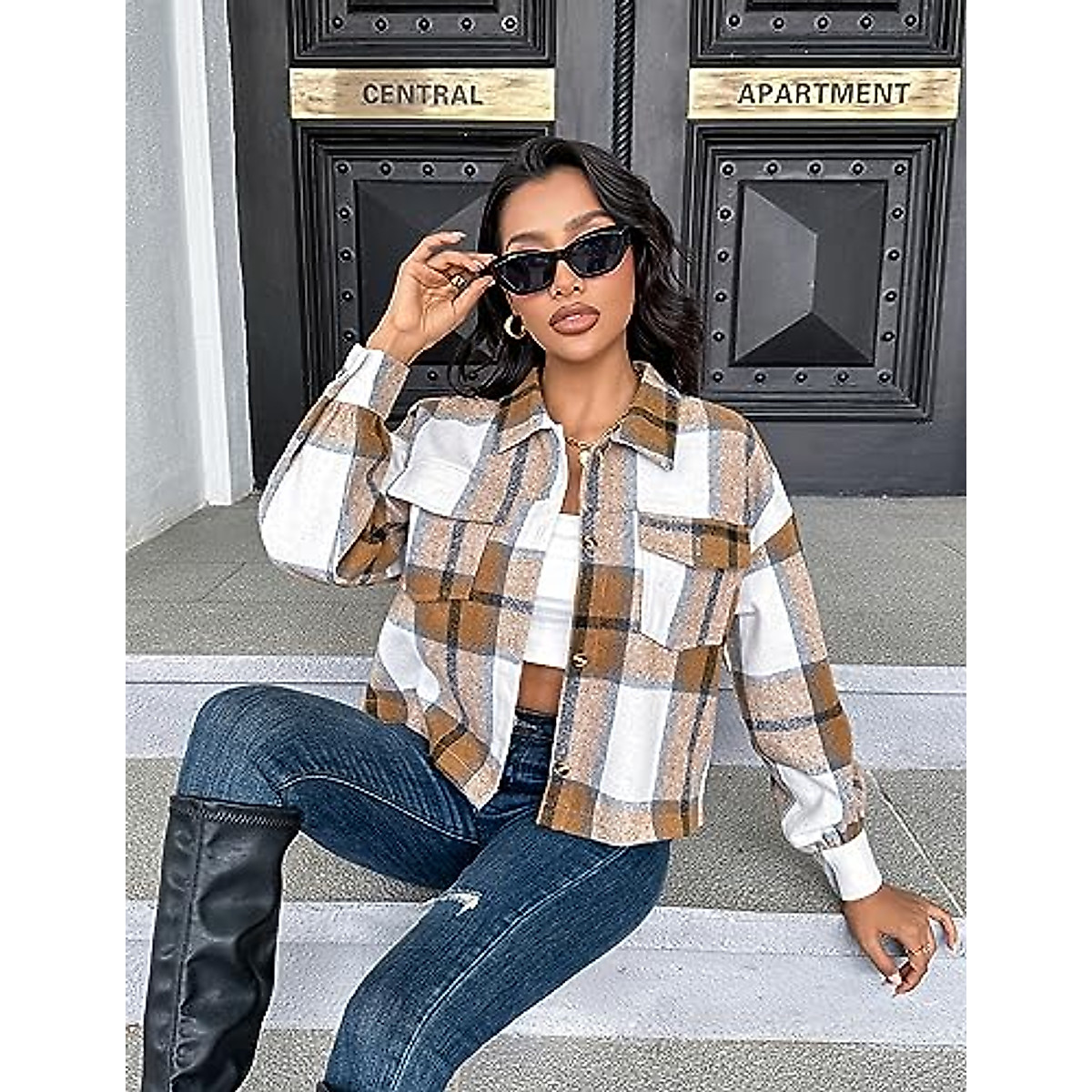 Blooming Jelly Womens Flannel Shirts Plaid Shacket Button Down Long Sleeve Jacket Fall Fashion Crop Tops(Small,Khaki Plaid)