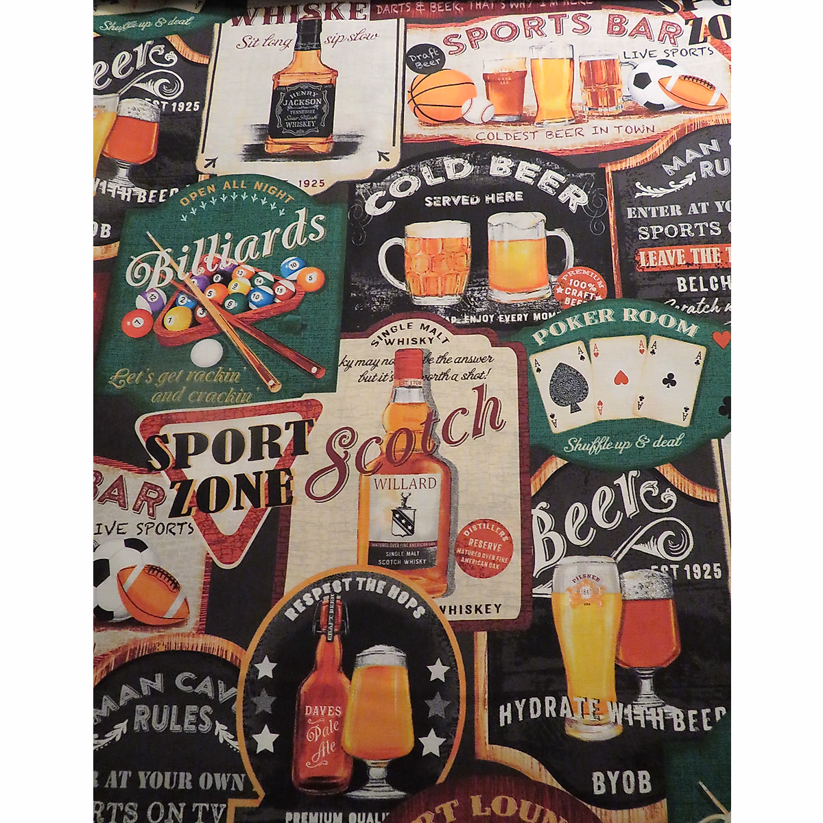 Sports Bar with Games and Drinks Beverage Black Cotton Fabric Northcott 24991-99
