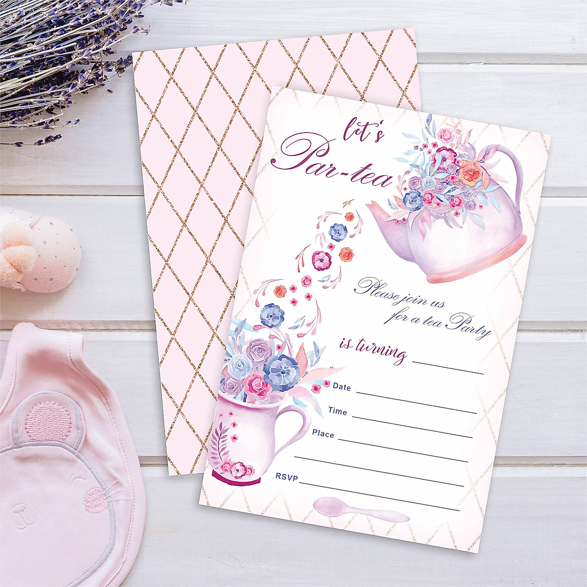 Tea Party Birthday Invitations, Par-tea Birthday Party Invites Decorations, Kids Adults Birthday Party and Events Supplies, 20 Fill-in Invites Cards with Matching Envelopes（YQK-038）