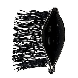 Daniela Fargion Black Leather Suede Fringe Pouch Clutch for womens